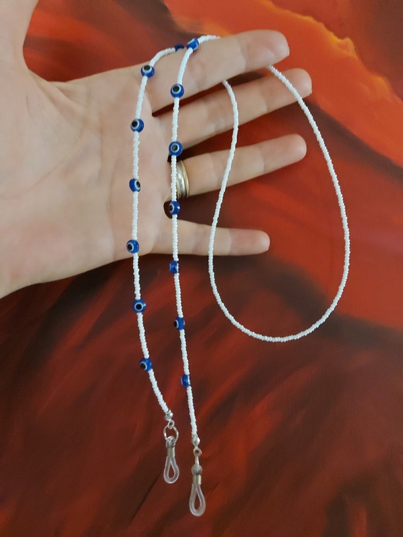 Evil Eye Beaded Eyeglass Chain: White Sand Bead Glasses Holder ...