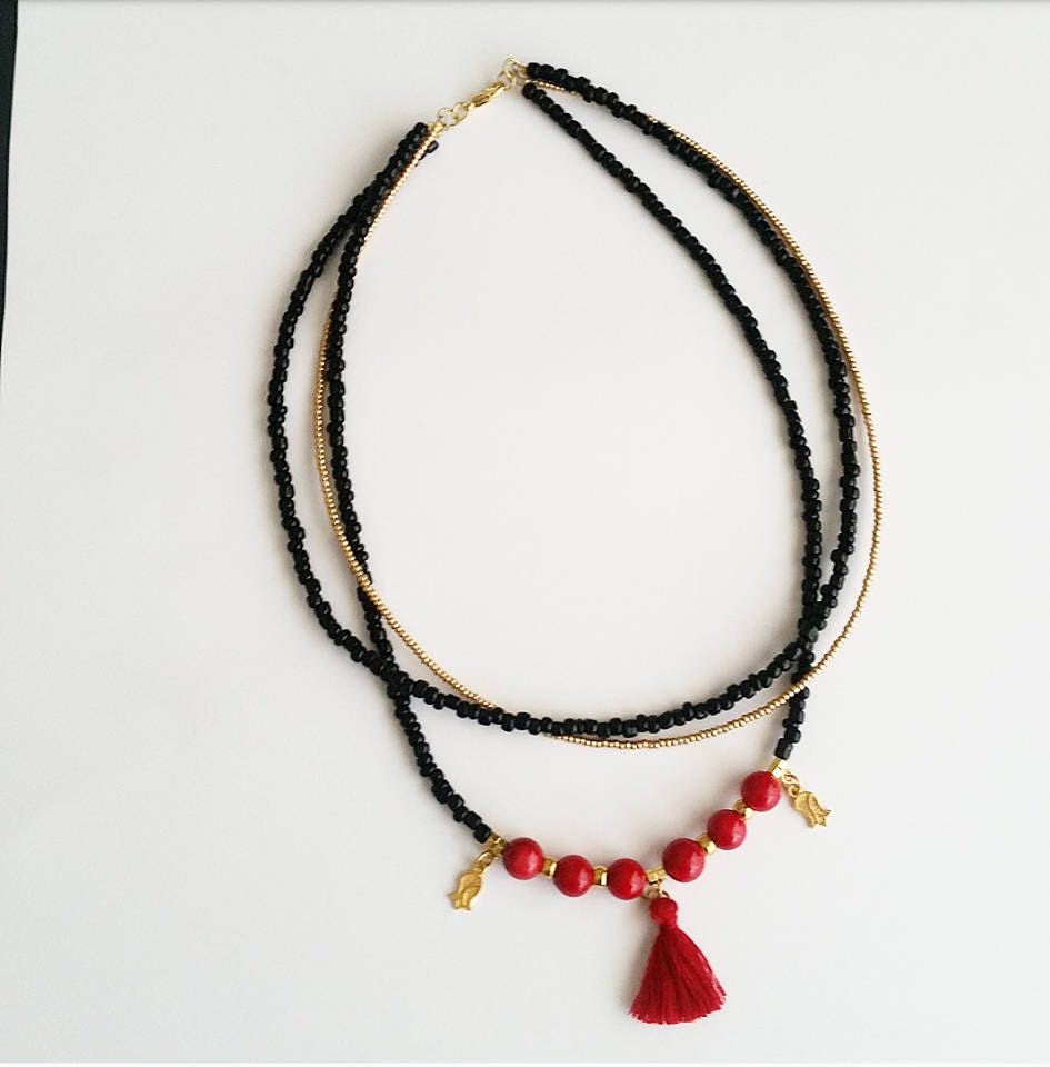 Rote Halskette schwarze Halskette Quaste Halskette Koralle - Etsy.de