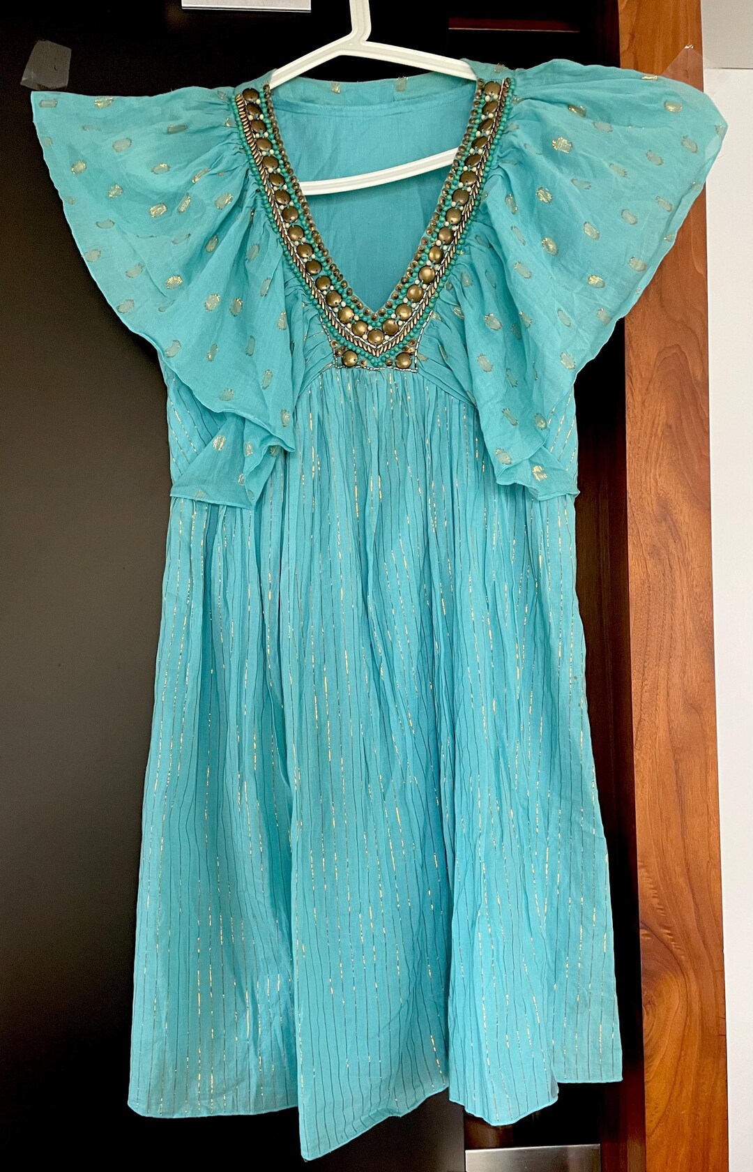 Vintage Stunning Turquoise Blue,metallic Gold Voil Cotton Hand Beaded ...