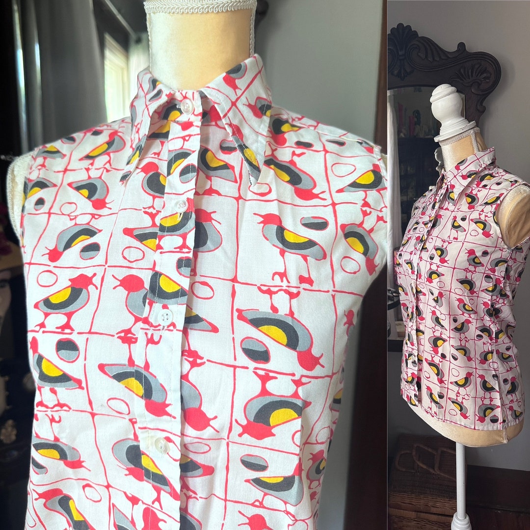 1970s Bird Blouse, 70s Bird Shirt, Psychedelic Bird Shirt, Size Small ...