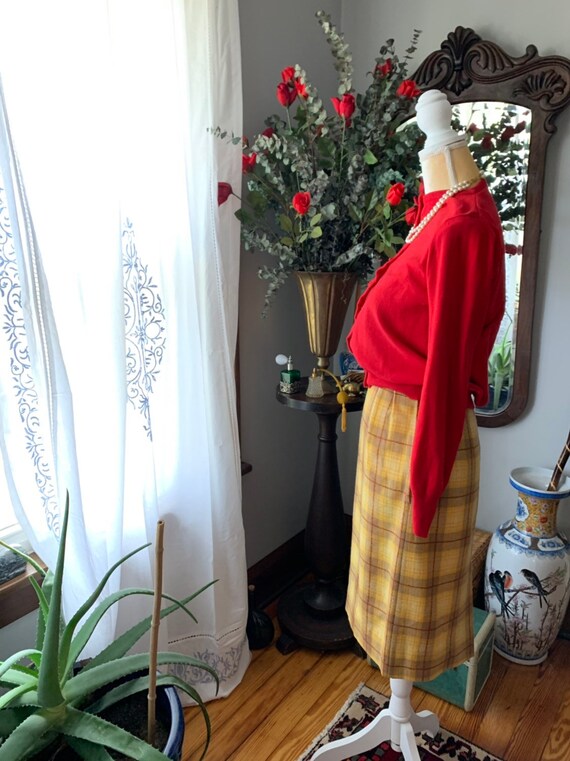 60s Plaid Wool Skirt, Mustard Plaid Skirt, Yellow Pla… - Gem