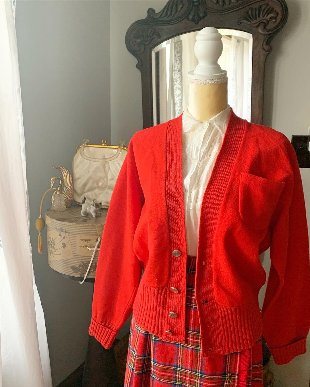 50s Red Rugby Cardigan, Vintage Red Mens Cardigan, 40s Red Cardigan ...