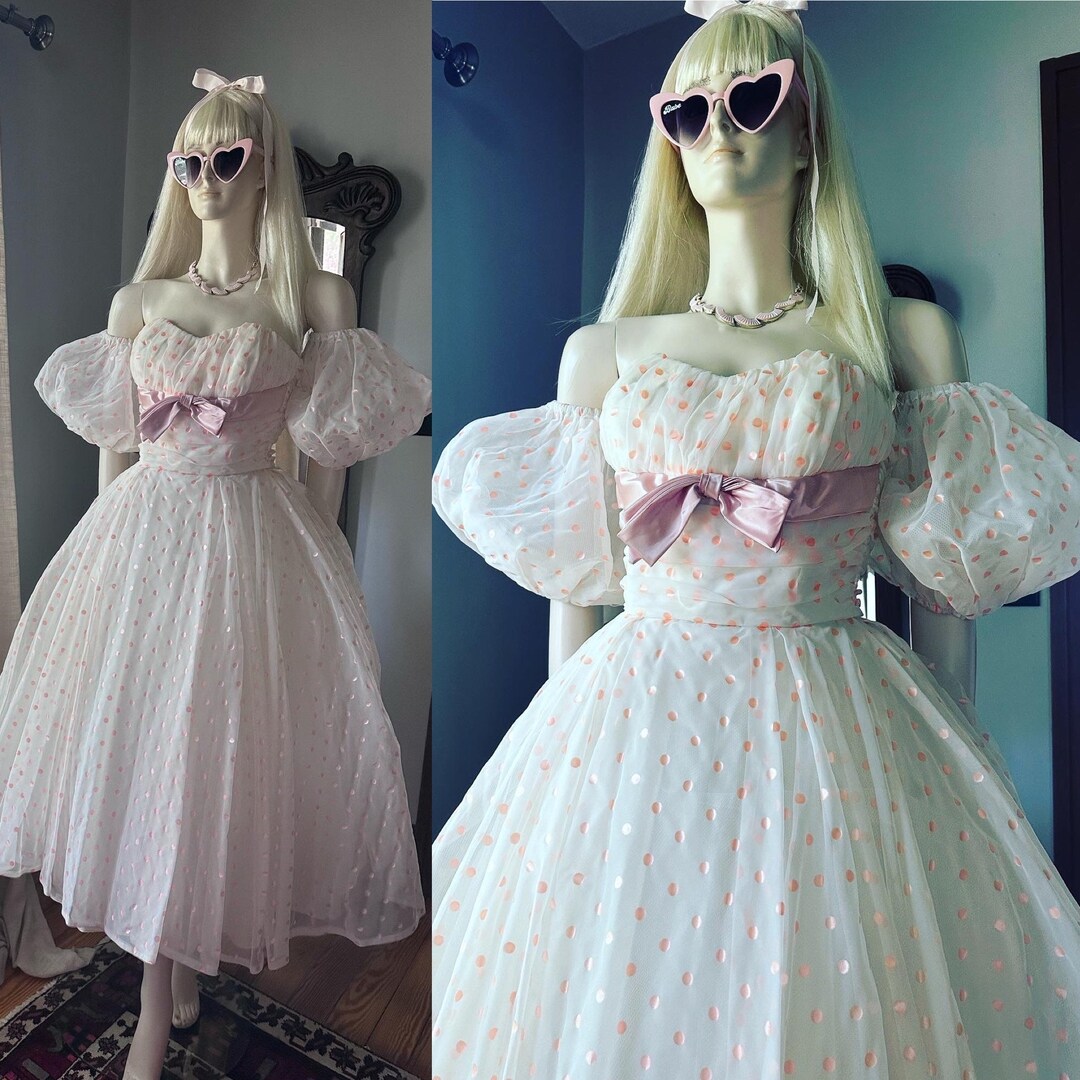 1950s Barbiecore Dress, Pink Polka Dot Dress, 50s Strapless Dress ...