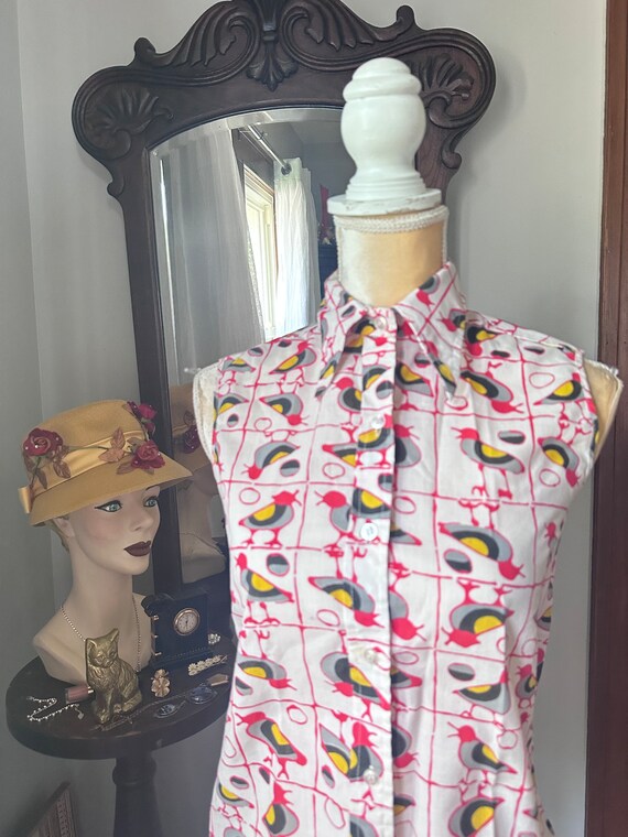 1970s Bird Blouse, 70s Bird Shirt, Psychedelic Bird S… - Gem