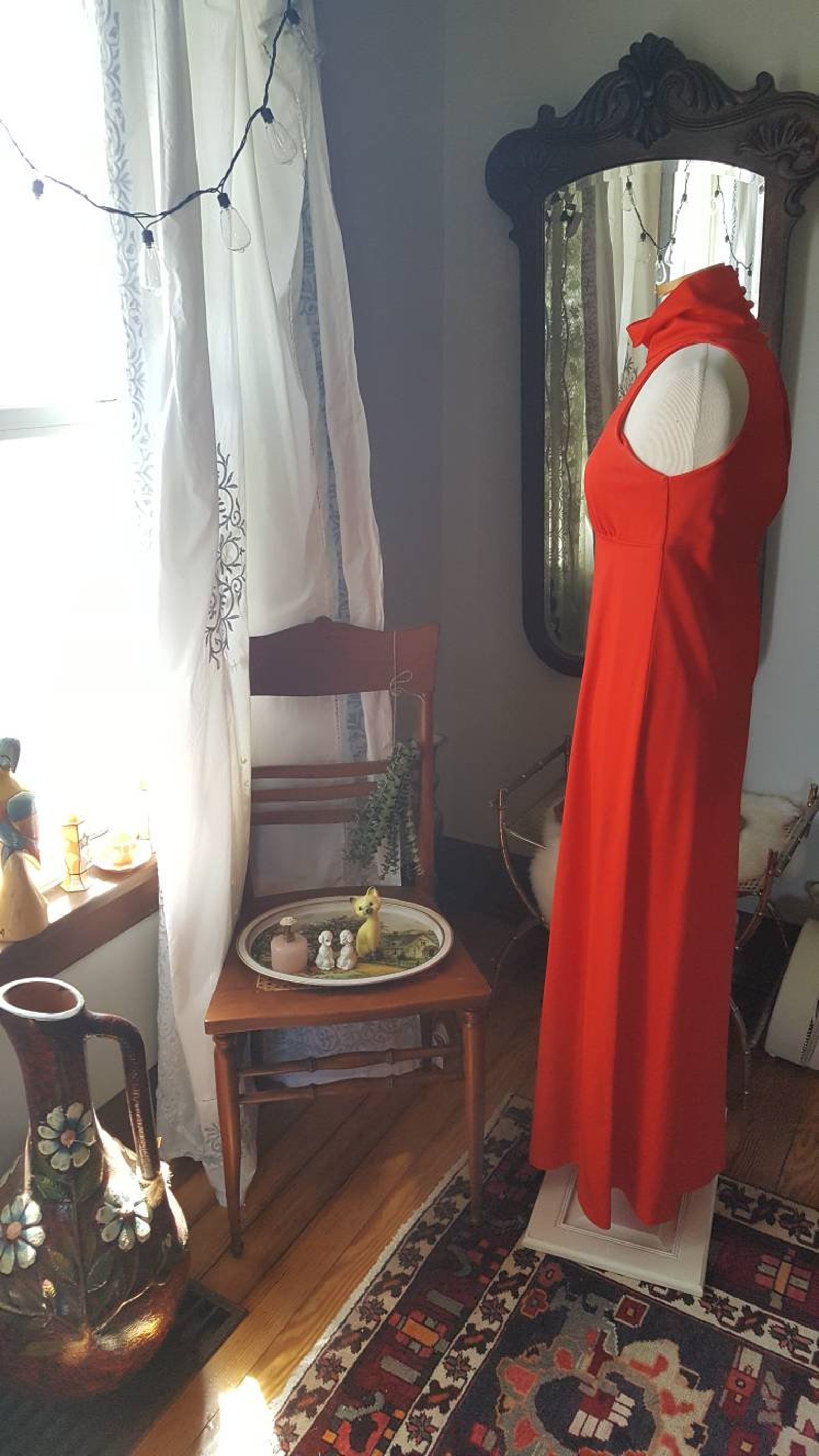 70s Hot Pepper Red Full Length Dress 60s High Button Back - Etsy