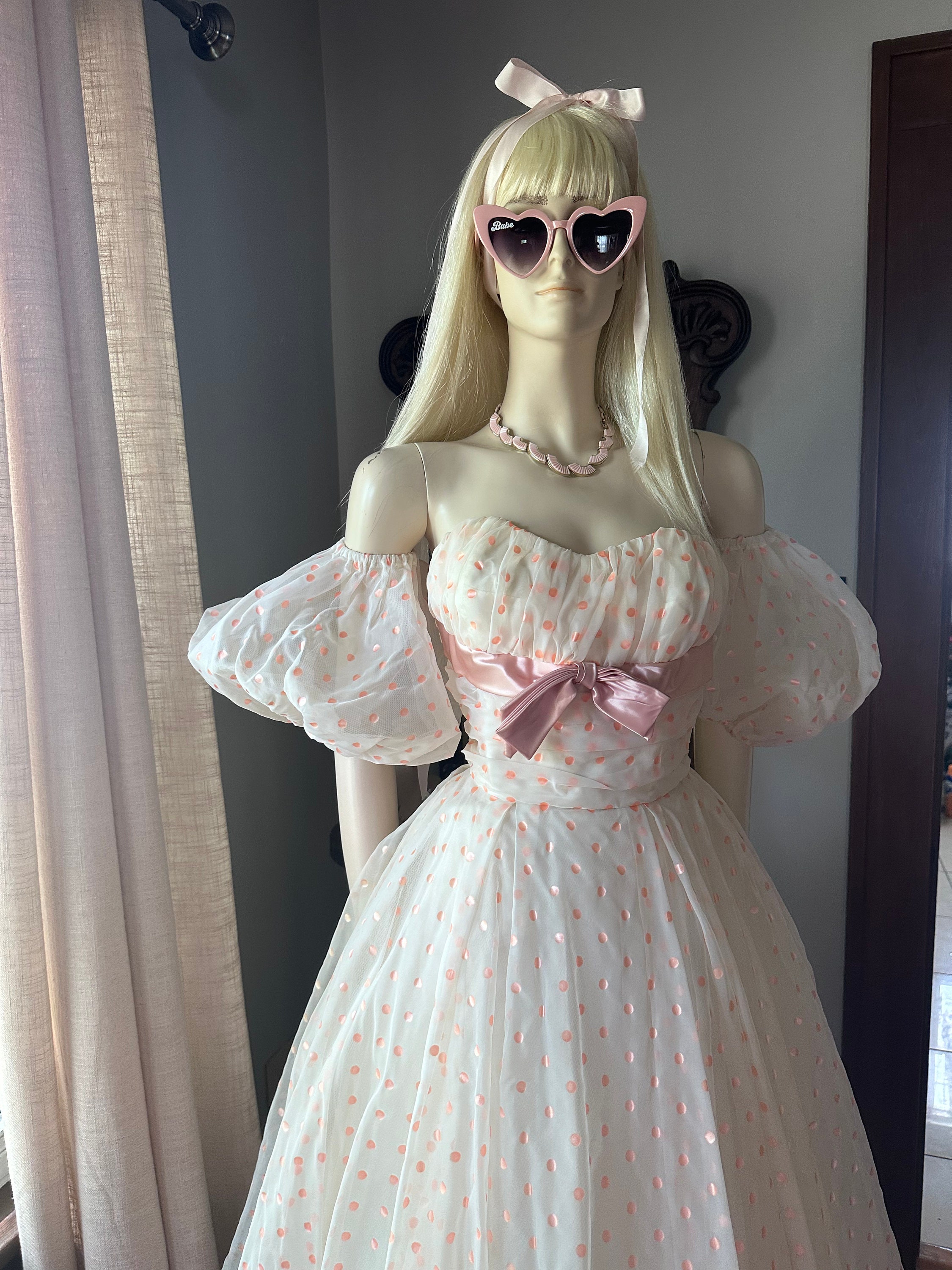 1950s Barbiecore Dress, Pink Polka Dot Dress, 50s Strapless Dress ...