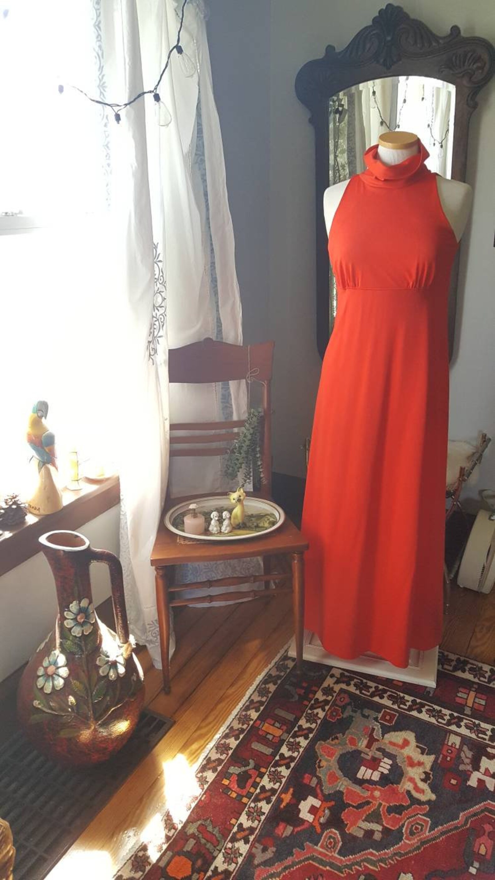 70s Hot Pepper Red Full Length Dress 60s High Button Back - Etsy