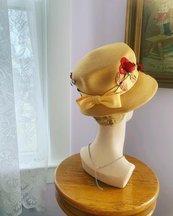 Vintage Red Rose Hat, 1950s Yellow Hat, 50s Yellow Ha… - Gem