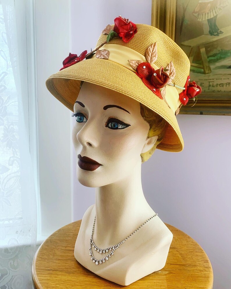 Vintage Red Rose Hat 1950s Yellow Hat 50s Yellow Hat 60s - Etsy
