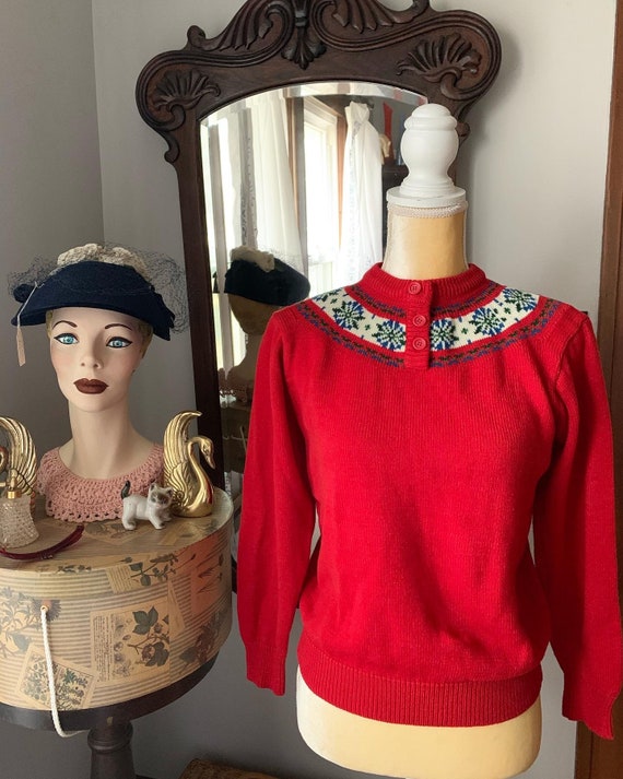Vintage Red Sweater 1940s Style, 70s Does 40s Style R… - Gem