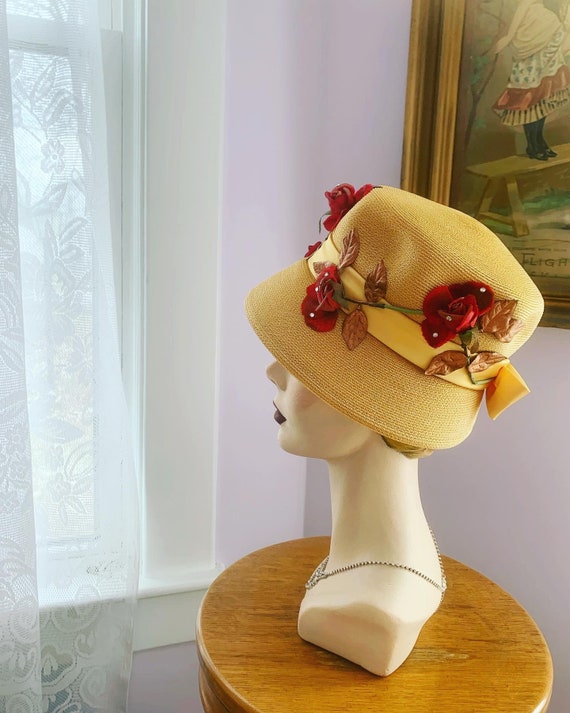 Vintage Red Rose Hat, 1950s Yellow Hat, 50s Yellow Ha… - Gem