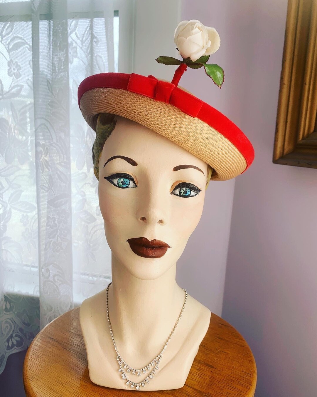1950s Rose Hat, Stand up Rose Hat, 60s Straw With Rose Hat, Red Velvet ...