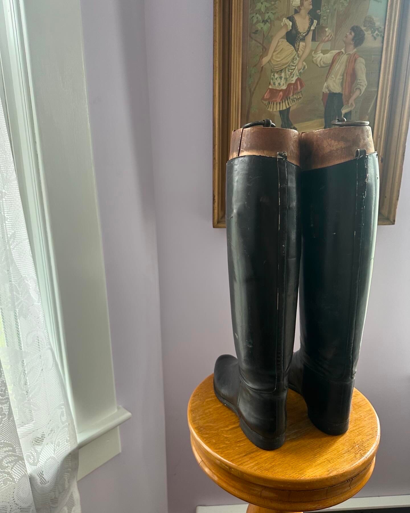 Antique Riding Boots With Wooden Boot Trees, Victorian Black Leather ...