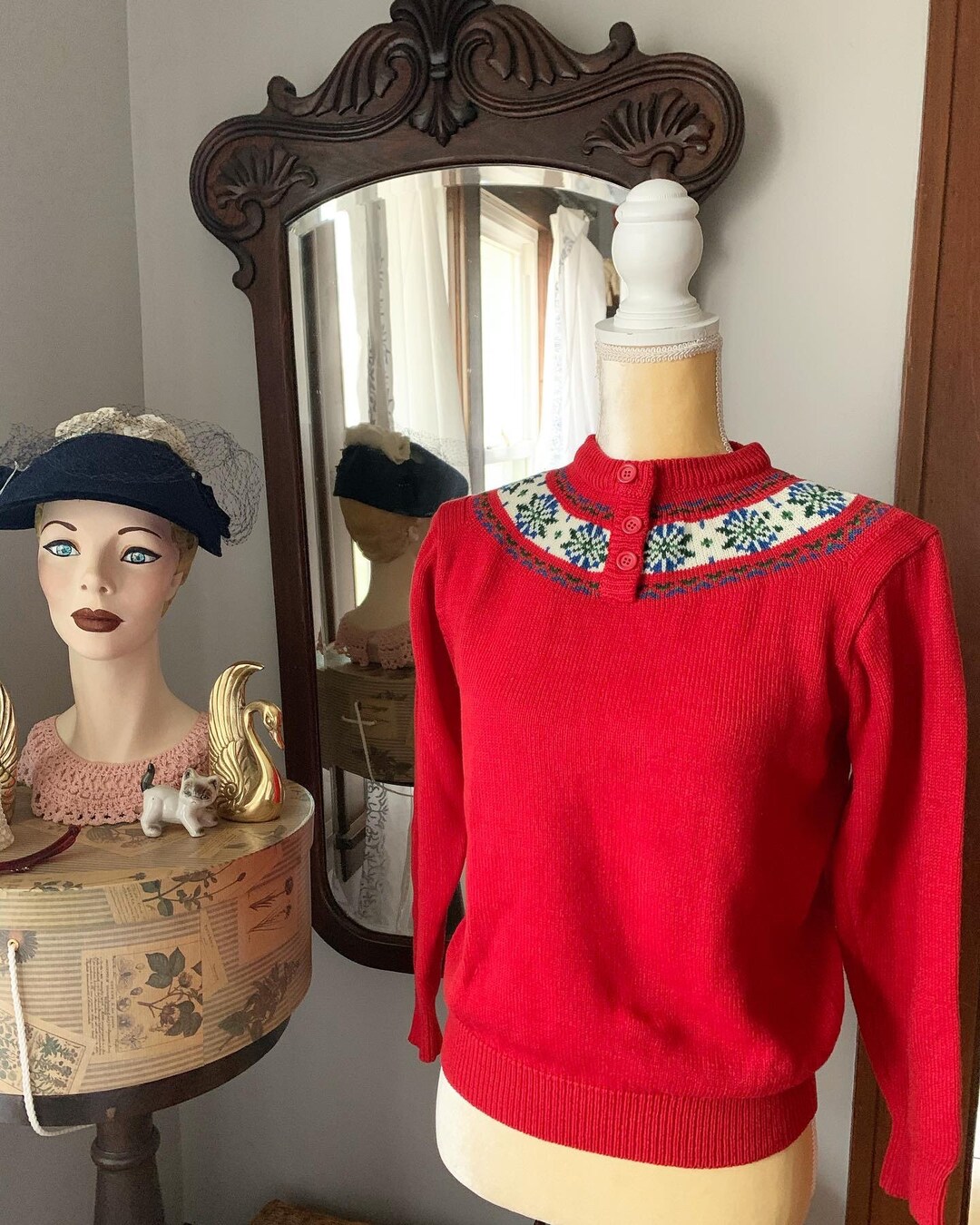 Vintage Red Sweater 1940s Style, 70s Does 40s Style Red Knit Sweater ...