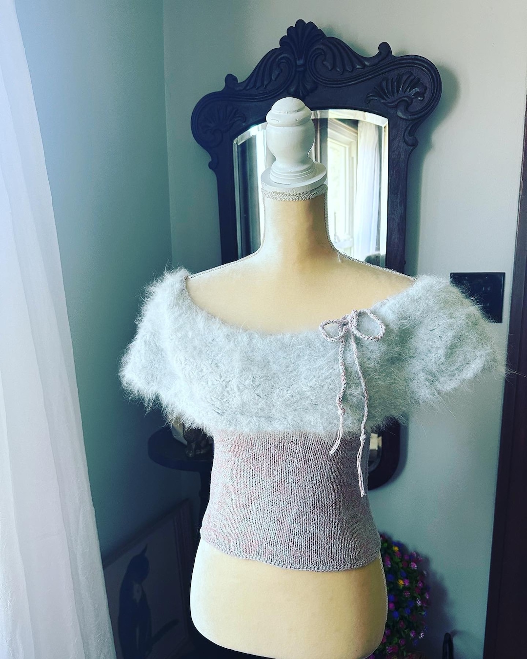 Vintage Lilac off Shoulder Angora Shirt, Angora Yoke Top, Hand Knit ...