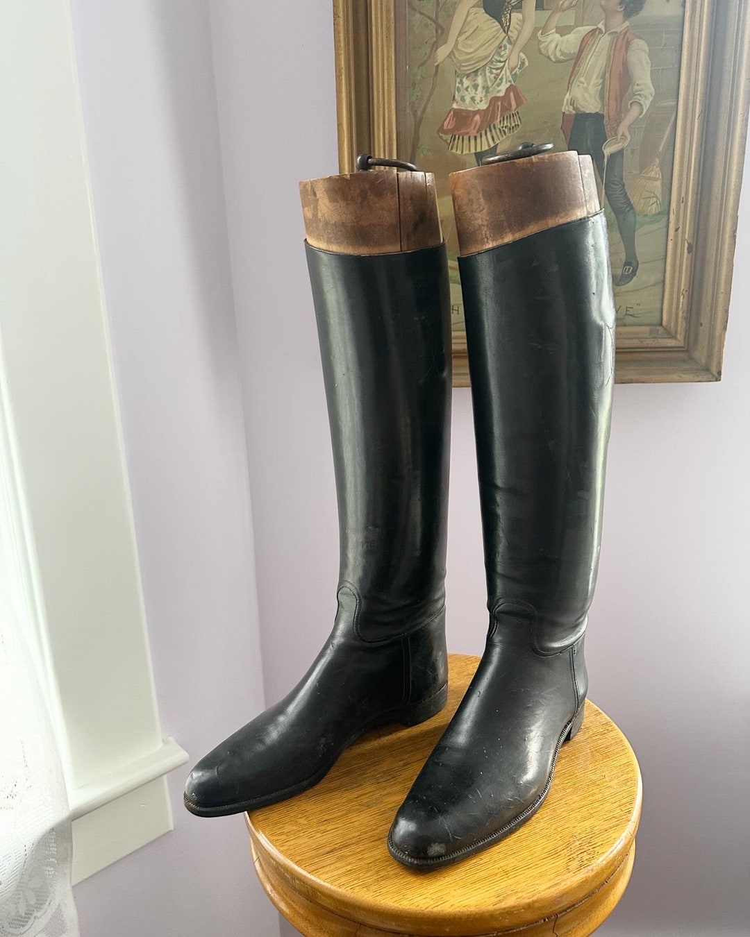 Antique Riding Boots With Wooden Boot Trees, Victorian Black Leather ...