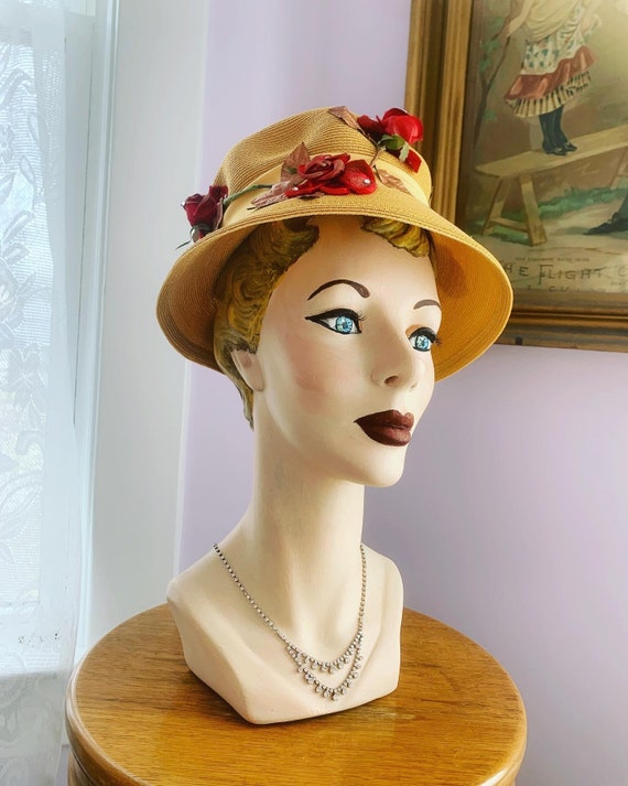 Vintage Red Rose Hat, 1950s Yellow Hat, 50s Yellow Ha… - Gem