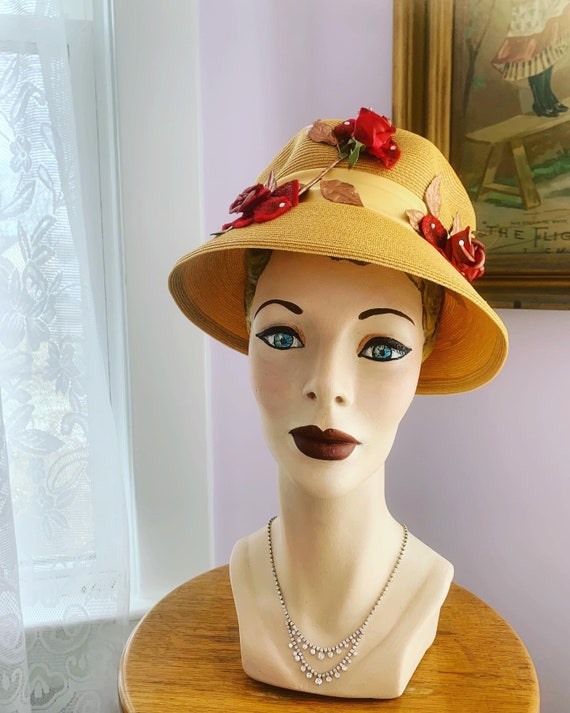 Vintage Red Rose Hat, 1950s Yellow Hat, 50s Yellow Ha… - Gem