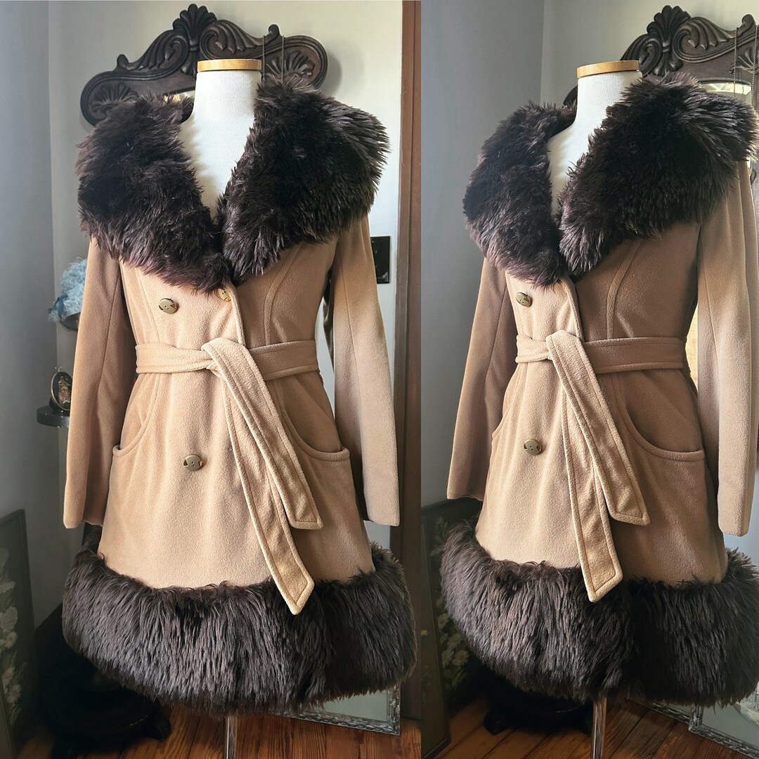 Vintage Camel Tan Coat, 70s Faux Sheep Fur Trim Coat, Fit and Flare ...