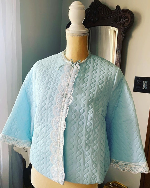 1960s Blue Nylon Quilted Bed Jacket, 50s Blue Quilted… - Gem