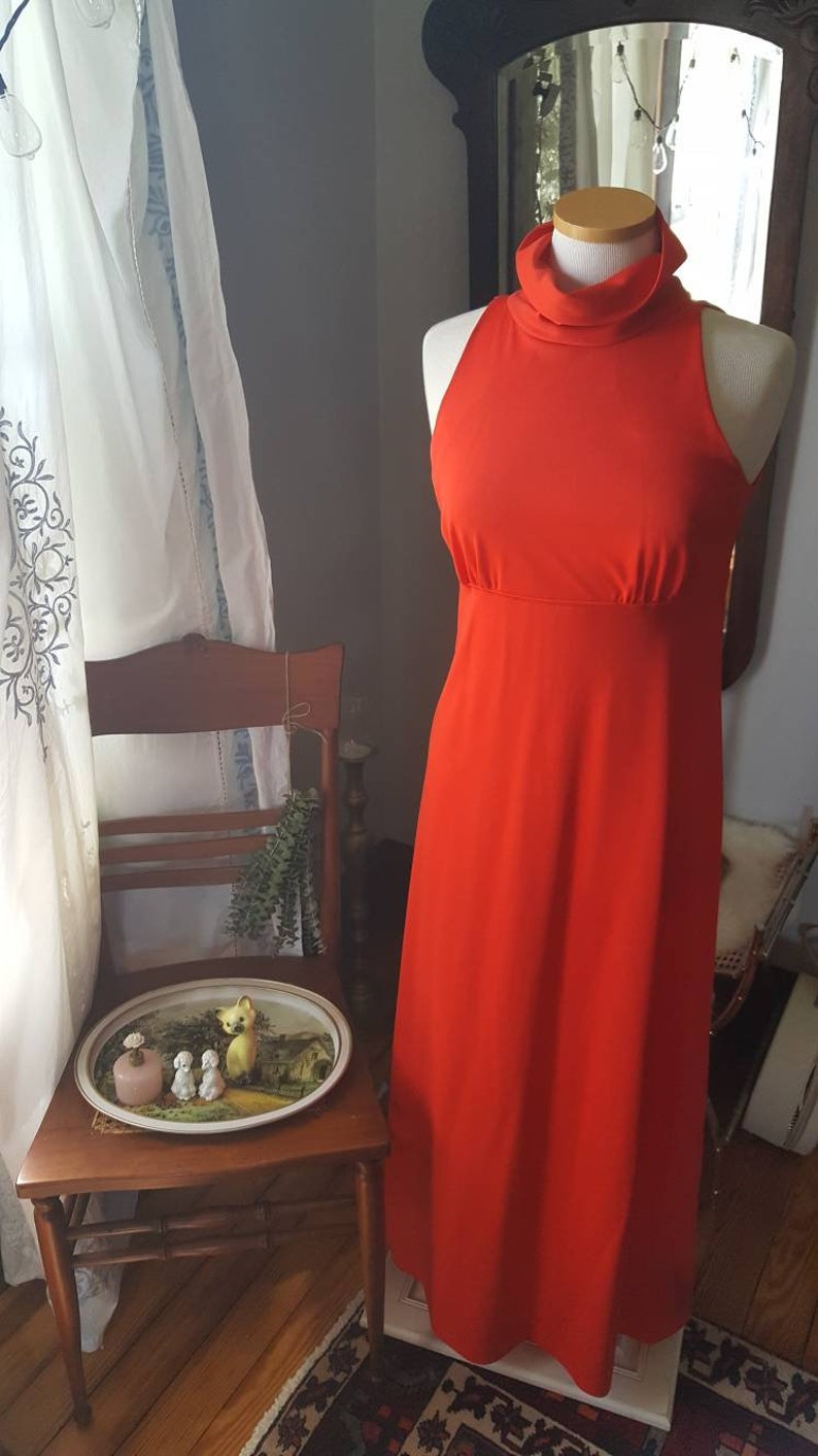 70s Hot Pepper Red Full Length Dress 60s High Button Back - Etsy
