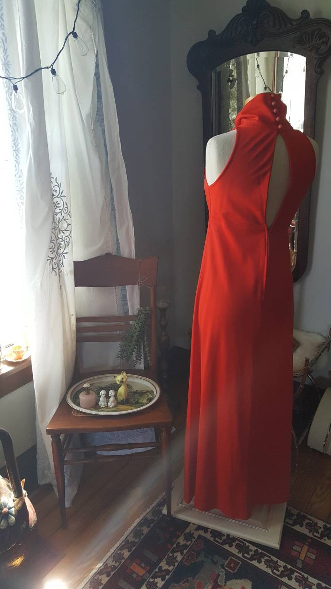 70s Hot Pepper Red Full Length Dress 60s High Button Back - Etsy