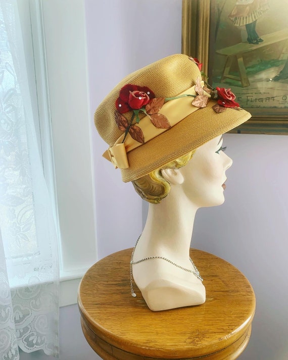 Vintage Red Rose Hat, 1950s Yellow Hat, 50s Yellow Ha… - Gem