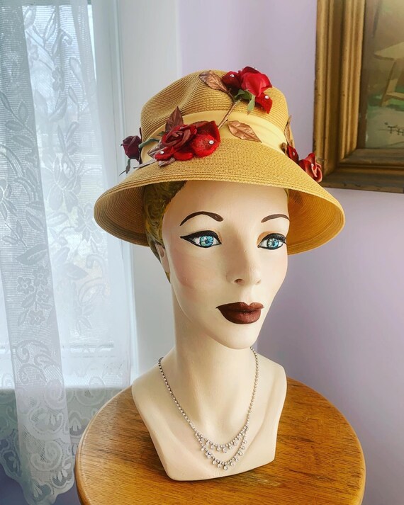 Vintage Red Rose Hat, 1950s Yellow Hat, 50s Yellow Ha… - Gem