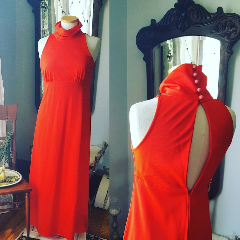 70s Hot Pepper Red Full Length Dress 60s High Button Back - Etsy