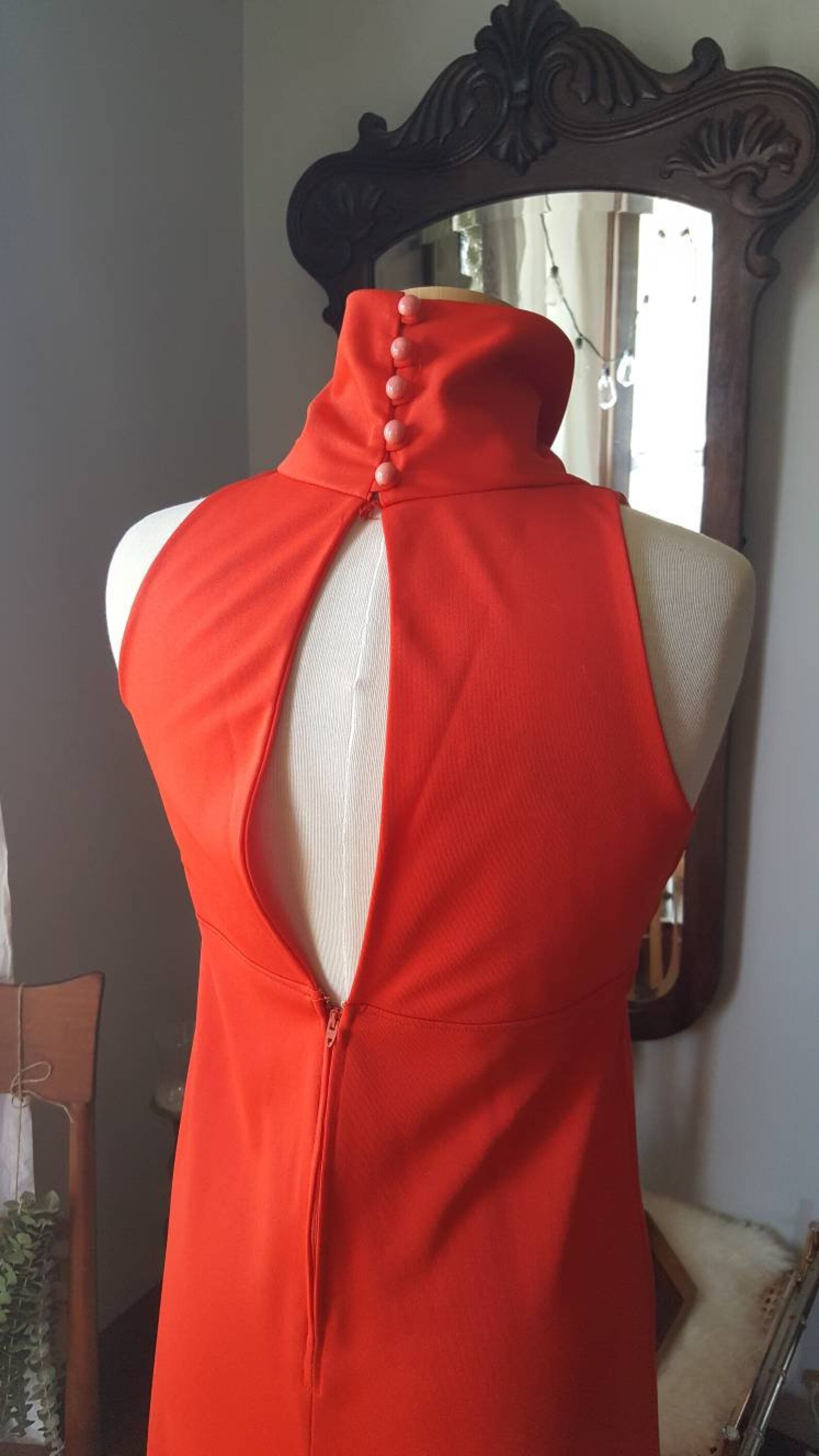 70s Hot Pepper Red Full Length Dress 60s High Button Back - Etsy