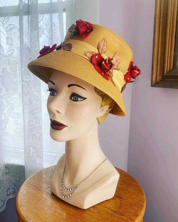 Vintage Red Rose Hat, 1950s Yellow Hat, 50s Yellow Ha… - Gem