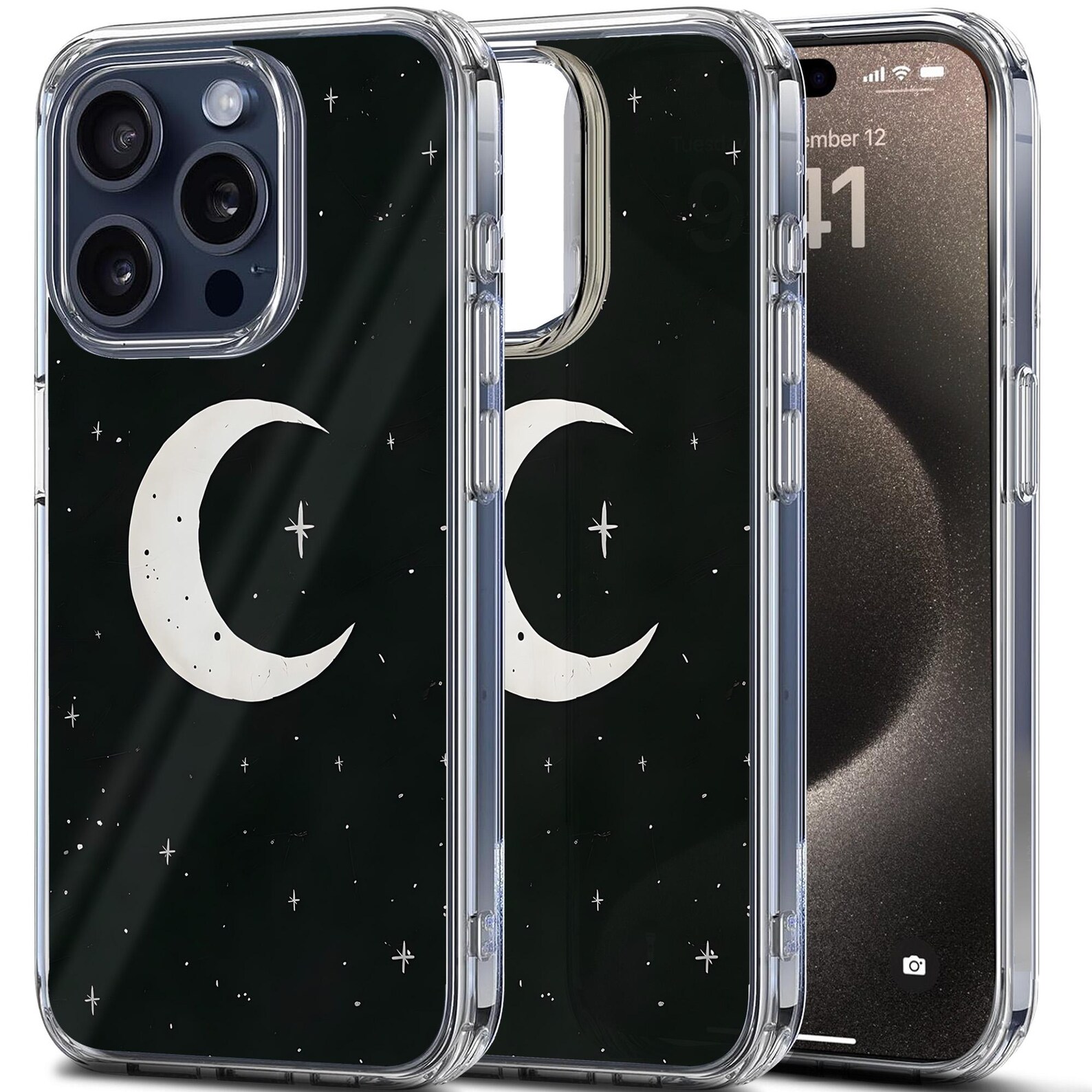 White Stars iPhone Clear Case, Crescent Moon 15 14 13 12 11 Plus Pro ...