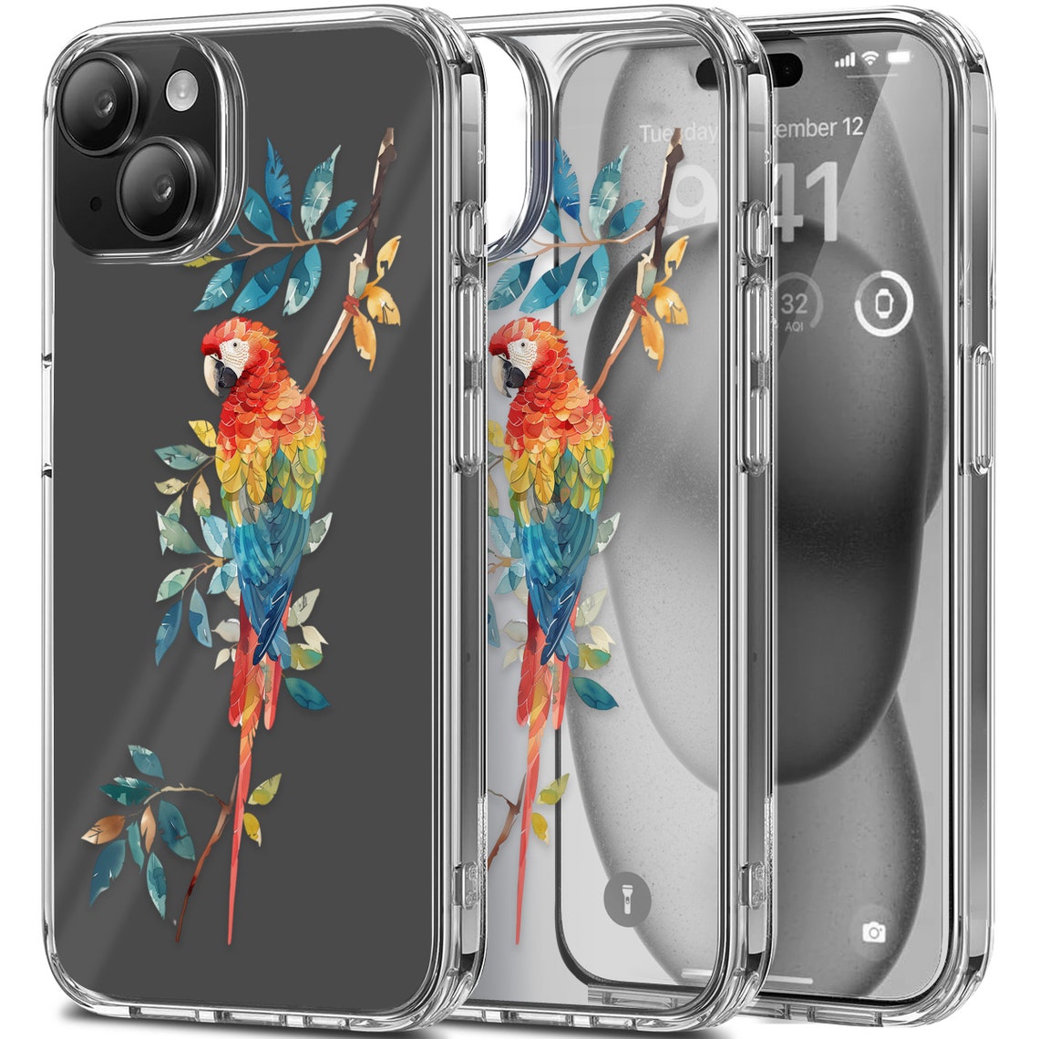 IPhone Clear Case, Watercolor Parrot Bird iPhone 15 14 13 12 11 Plus ...
