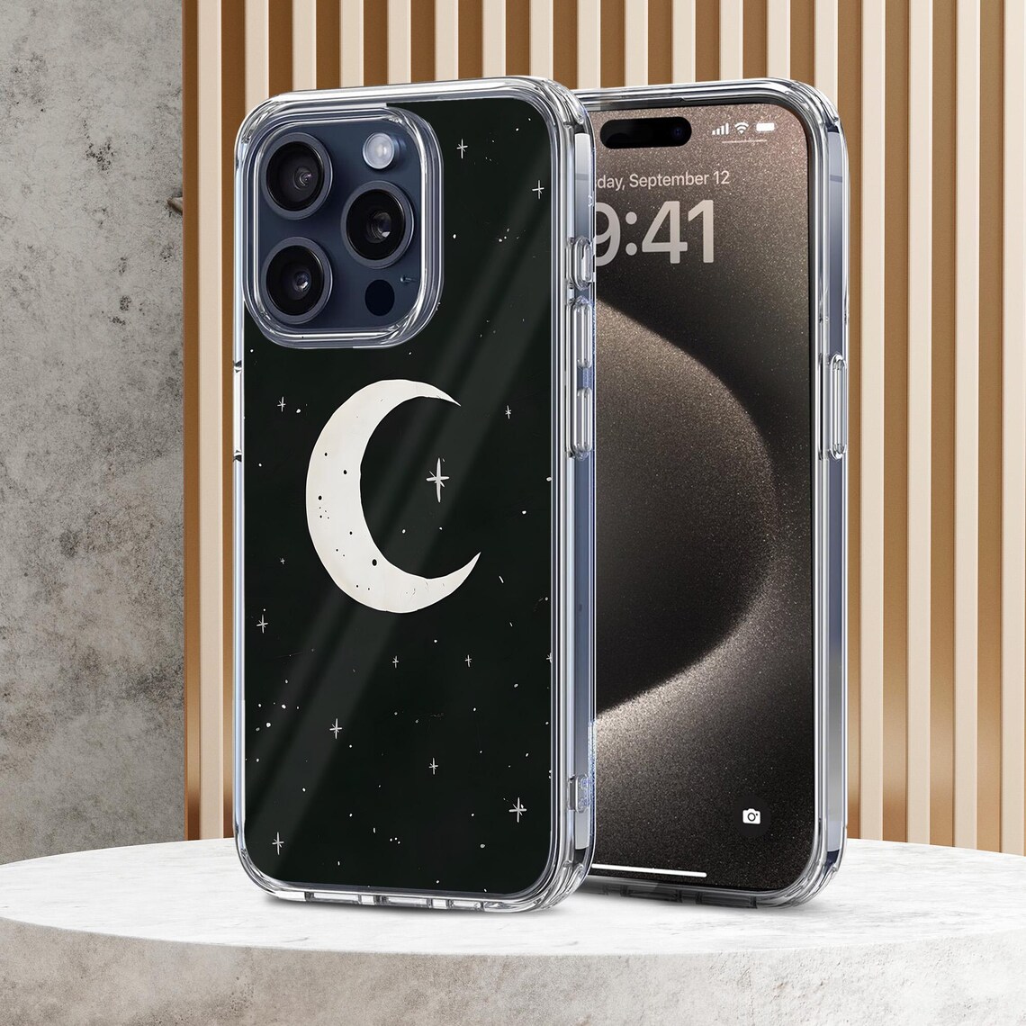 White Stars iPhone Clear Case, Crescent Moon 15 14 13 12 11 Plus Pro ...