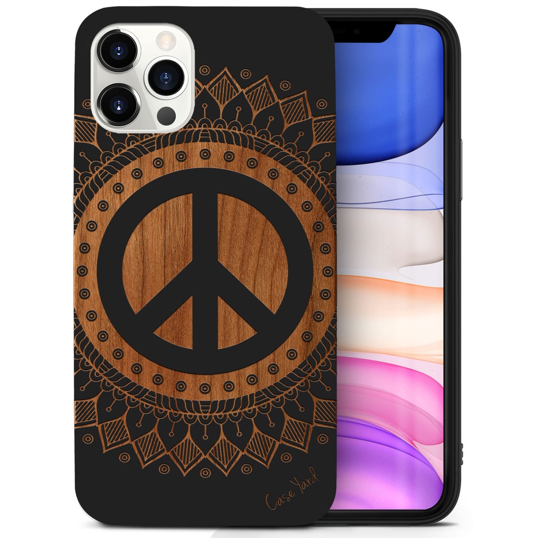 IPhone Wood Case, Peace Mandala Sign iPhone 16 15 14 13 12 11 Pro Max ...