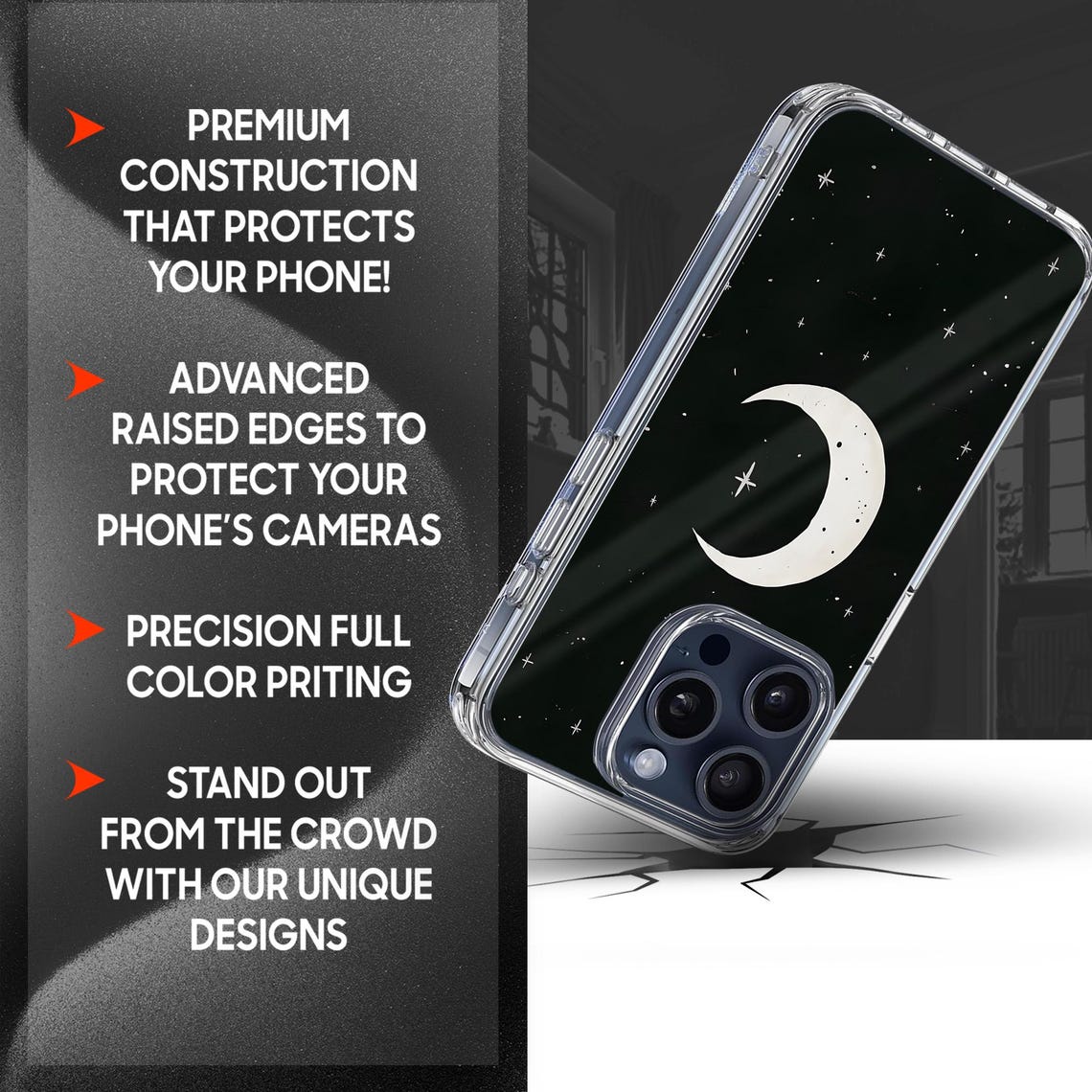 White Stars iPhone Clear Case, Crescent Moon 15 14 13 12 11 Plus Pro ...
