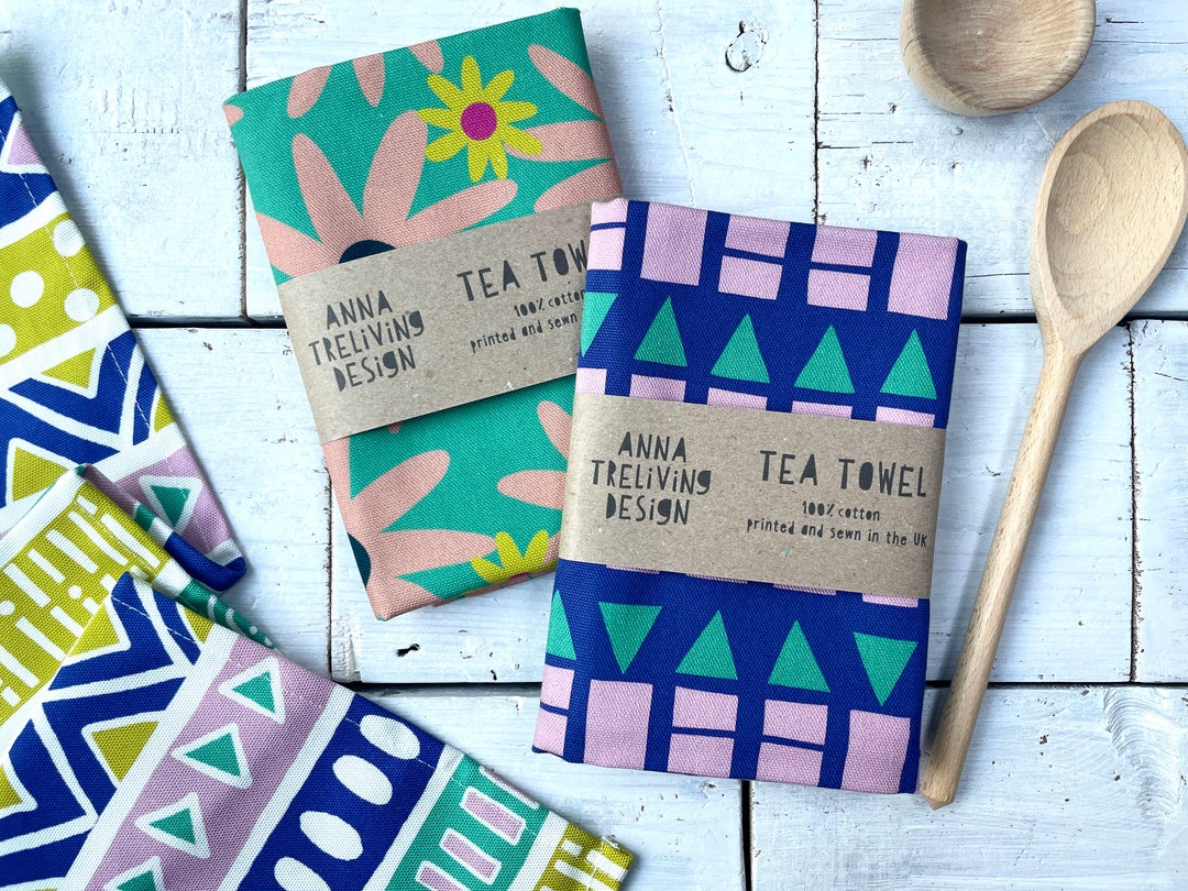 Set of 2 Mix and Match Colourful Tea Towels, Contemporary Patterned ...
