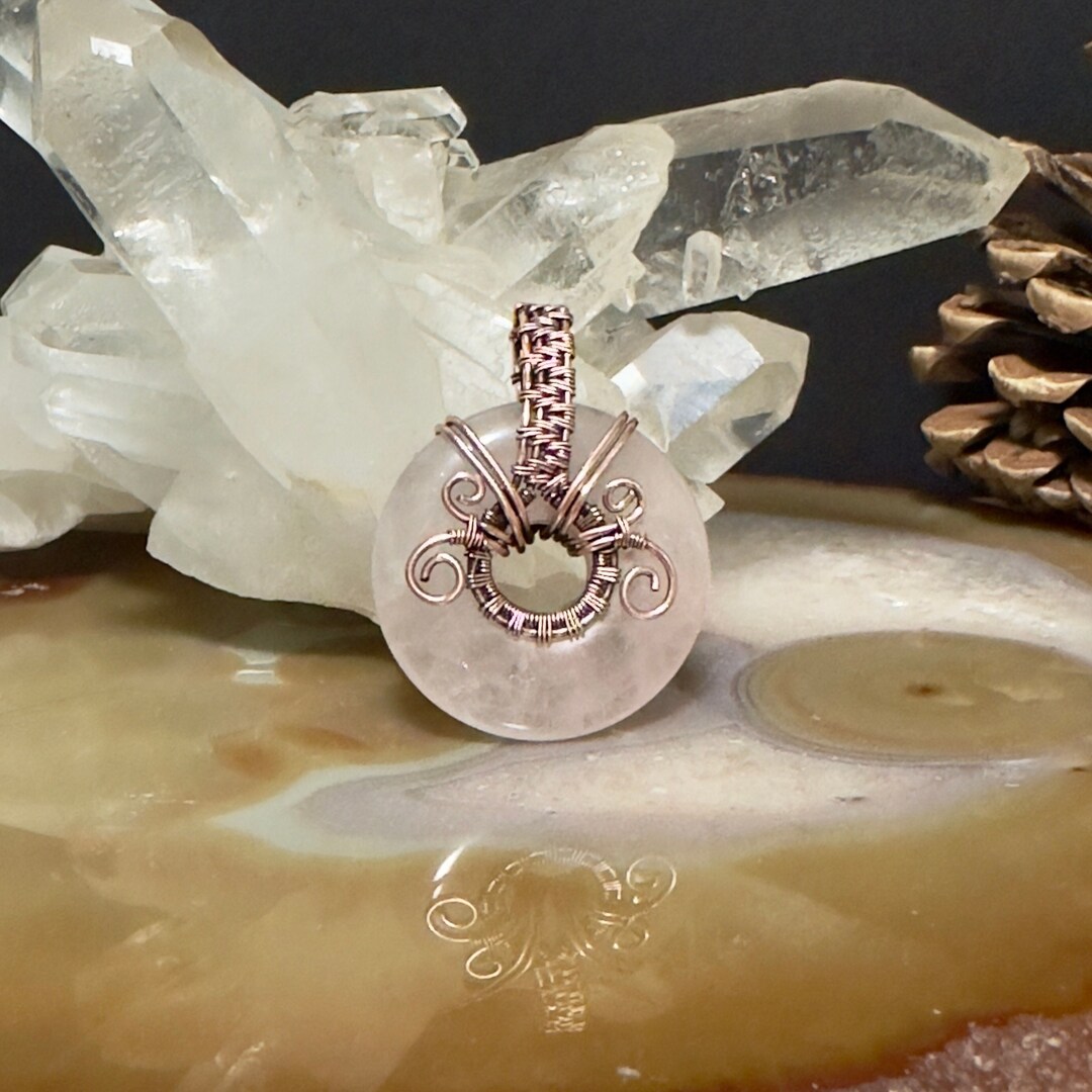 Handmade Copper Wire Wrap Rose Quartz Donut Pendant, Interlock Wrap ...