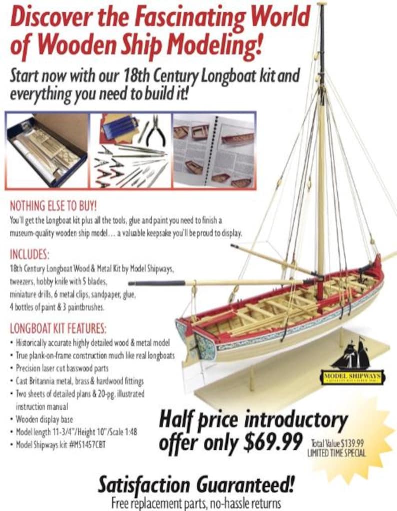 Model Shipways 18th Century Longboat Wooden Model Ship Kit & Tools 1:48 ...