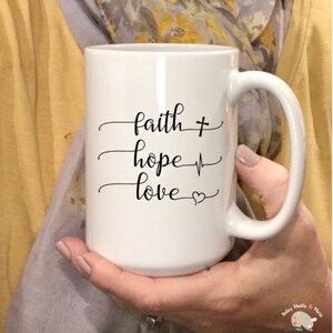 Faith Hope Love Coffee Cup Mug With Cross, Heartbeat, Heart Symbols ...