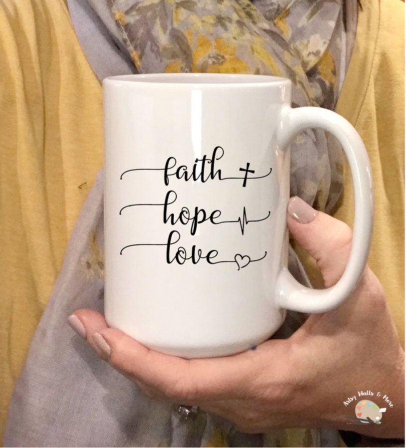 Faith Hope Love Coffee Cup Mug With Cross, Heartbeat, Heart Symbols ...