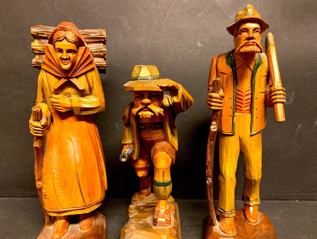 Vintage Lot (3) Hand-carved 9" Wood Figure's 2 Men & A Woman Walking ...