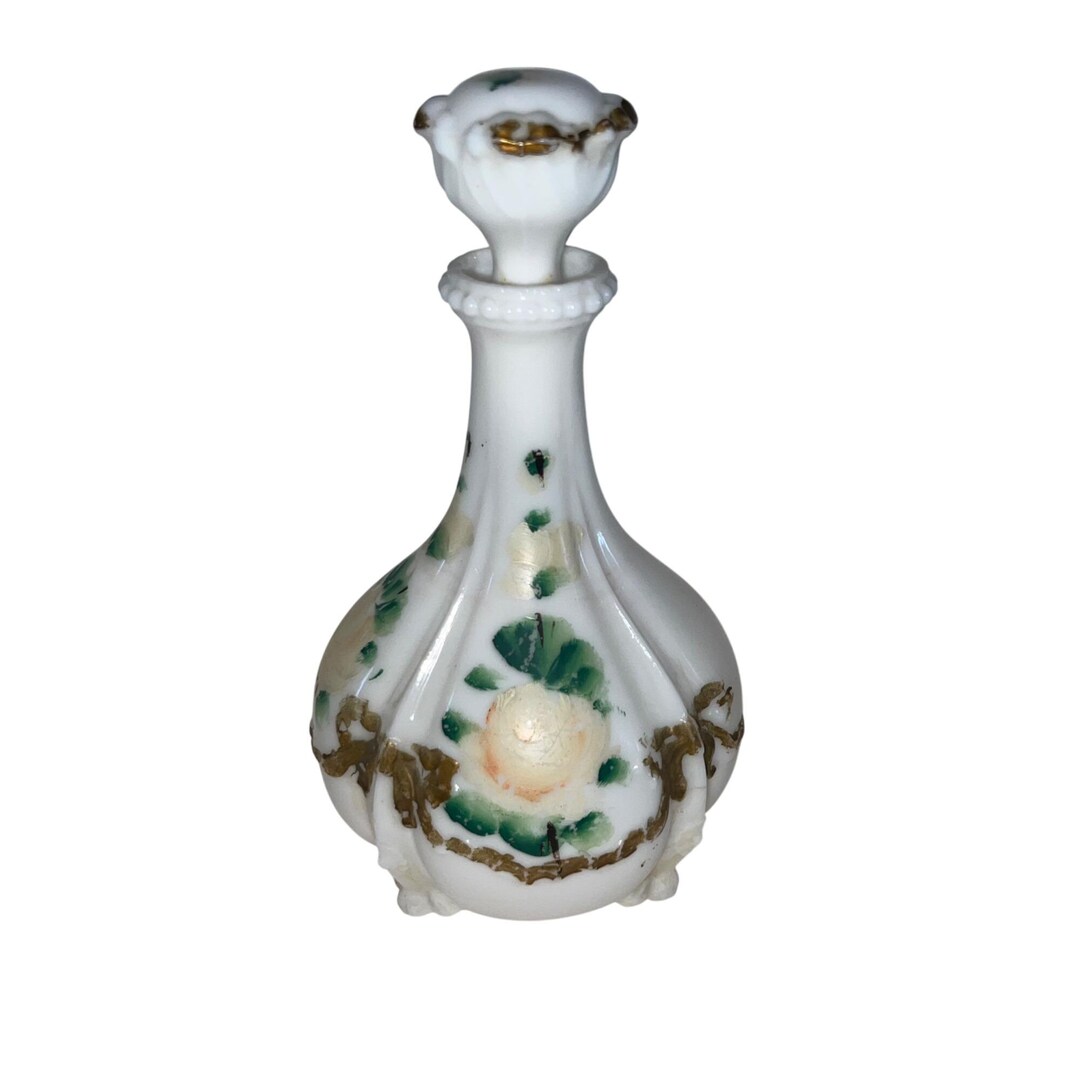 Vintage Hand Painted Milk Glass Decanter With Floral Design & Stopper ...