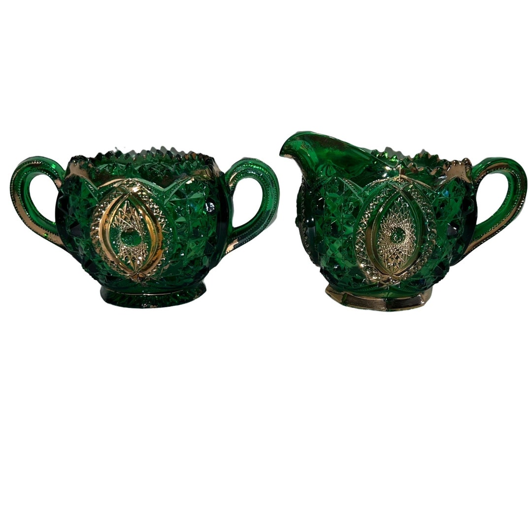 Antique EAPG Northwood Memphis Green & Gold Glass Sugar and Creamer - Etsy