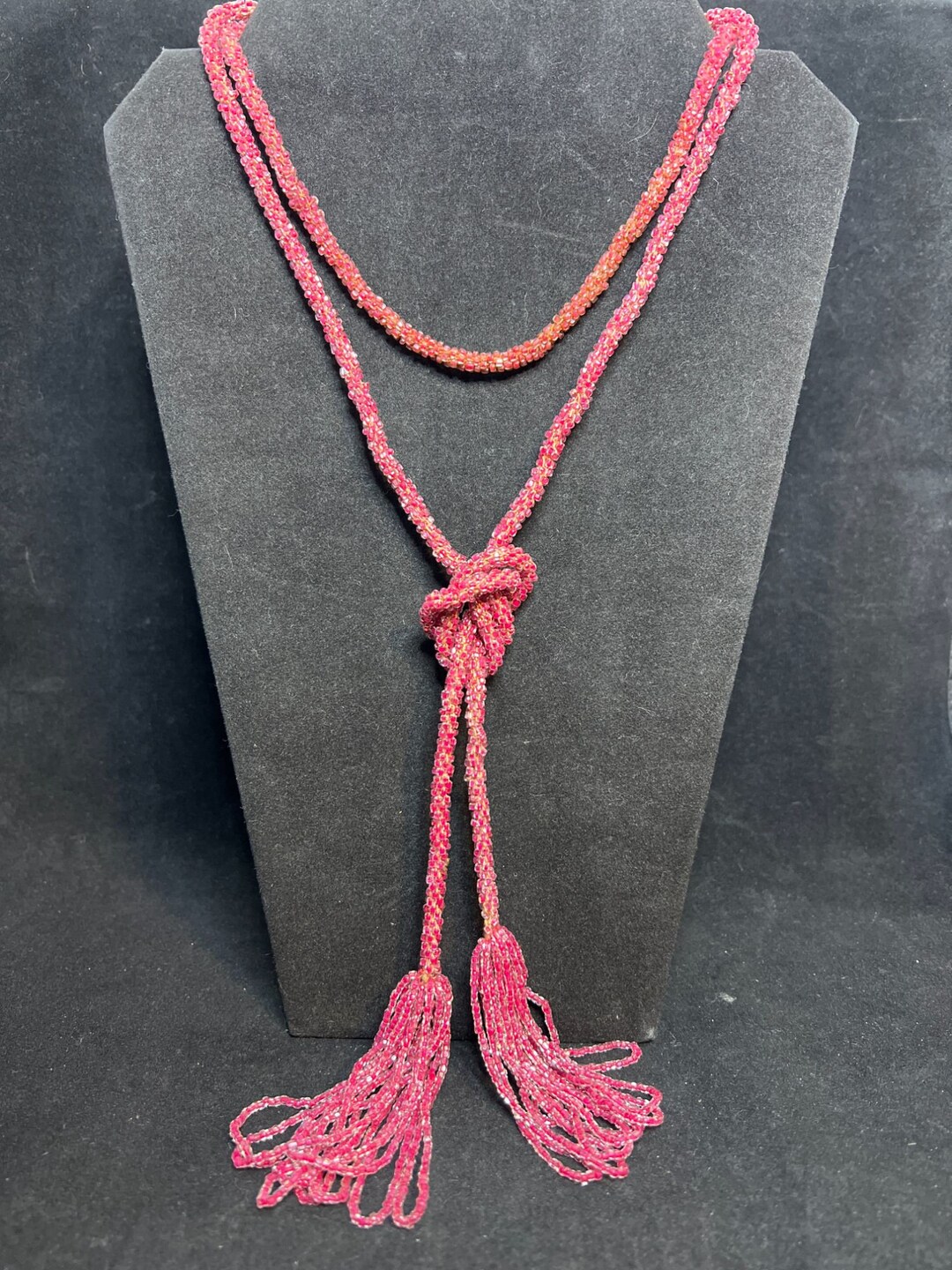 Art Deco Sautoir Pink Seed Beed Flapper Lariat Necklace With Tassels ...