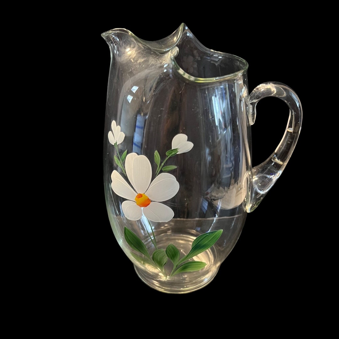 Vintage Clear Glass Pitcher W/hand Painted White Daffodil Flower & Wavy ...