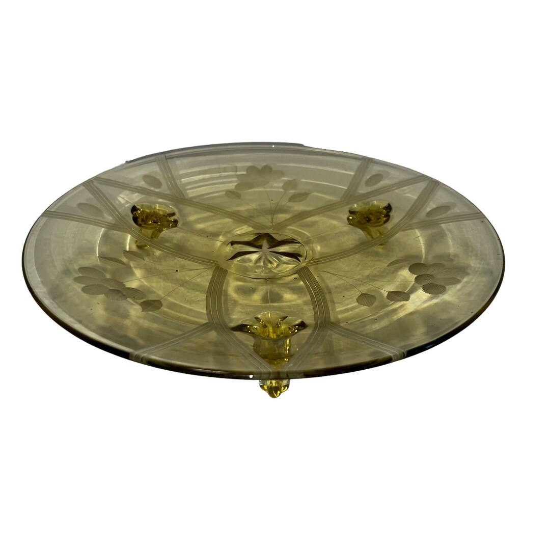 Vintage Etched Floral Yellow Depression Glass 3 Footed Serving Dish - Etsy