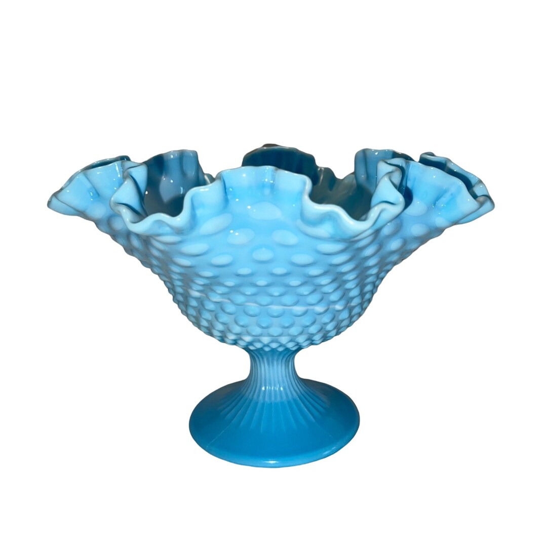 Vintage Fenton Blue & White Slag Glass Hobnail Pedestal Compote W ...