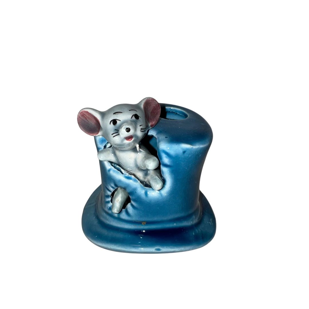 Vintage Blue Porcelain Top Hat & Mouse Toothpick Holder - Etsy