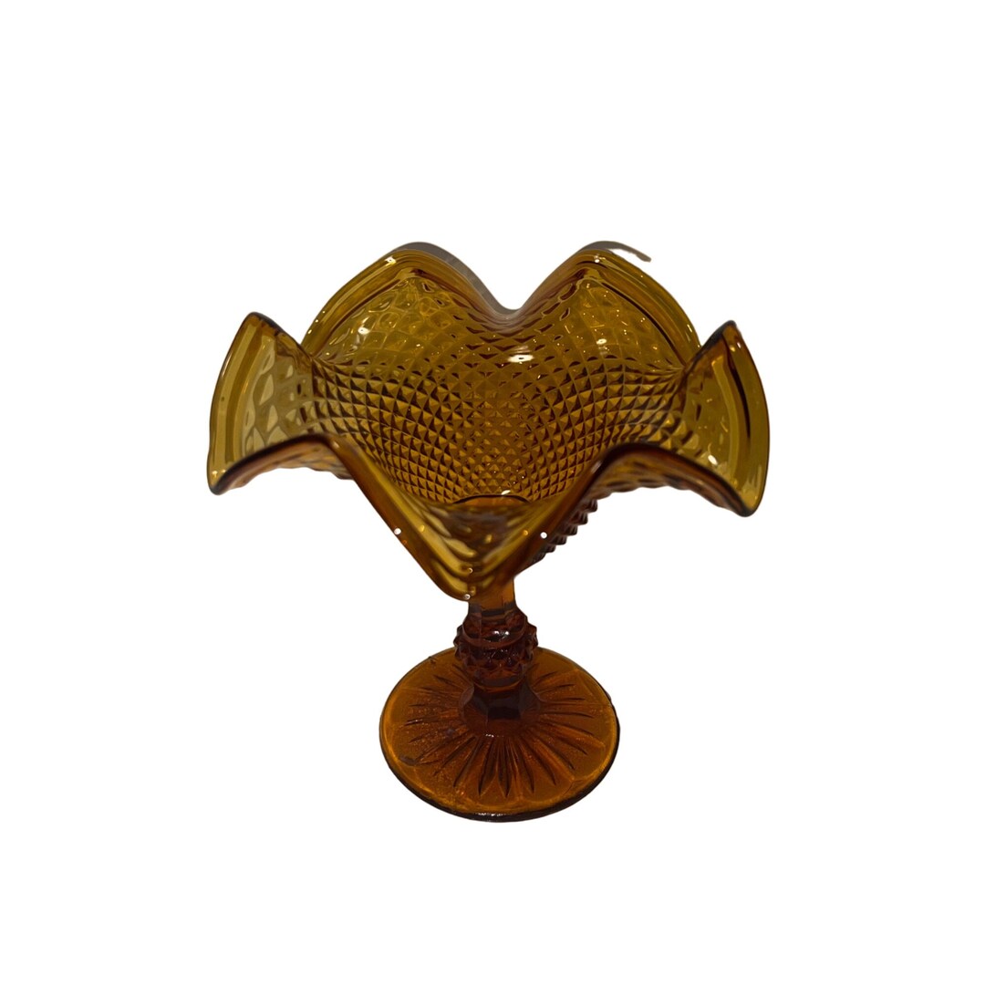 Vintage Ivima Diamond Point Amber Glass Round Compote - Etsy